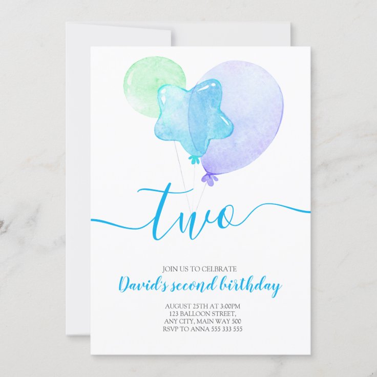 Blue Balloons Boy 2nd Birthday Two Second Birthday Invitation | Zazzle