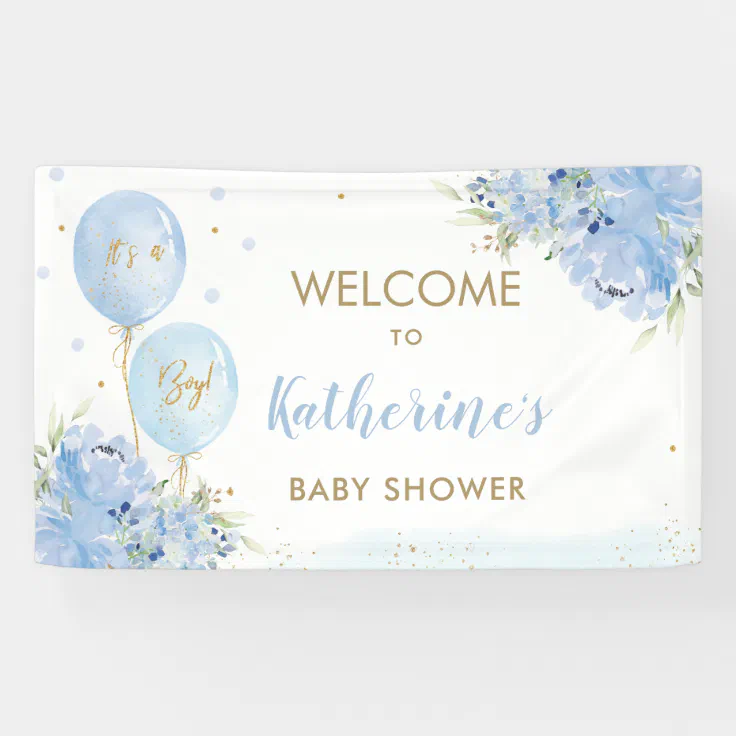 Blue Balloons Floral Baby Shower Welcome Backdrop Banner | Zazzle