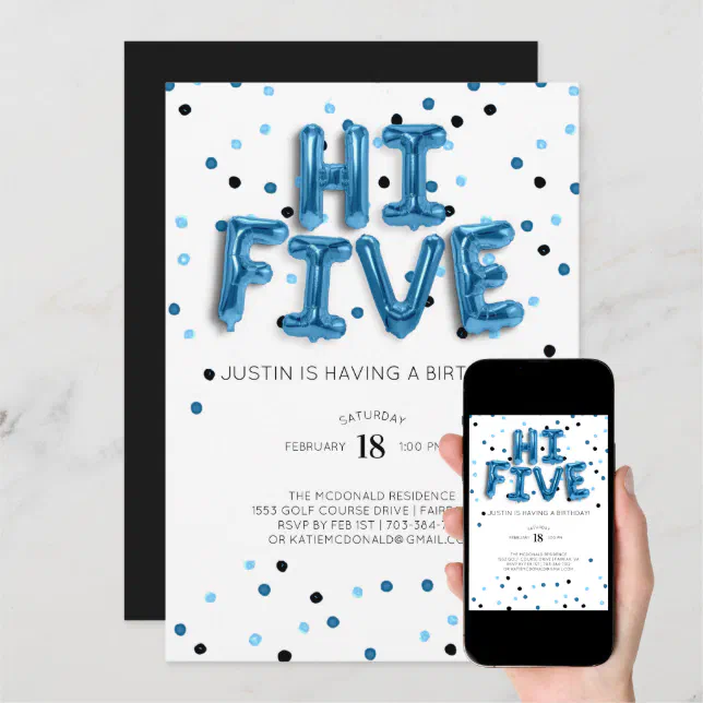 Blue Balloons | Hi Five 5th Birthday Invitation | Zazzle