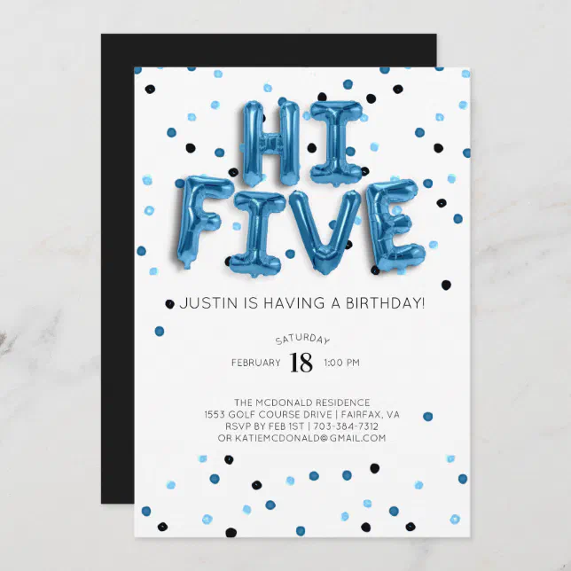 Blue Balloons | Hi Five 5th Birthday Invitation | Zazzle