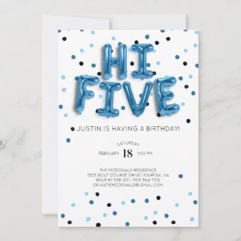 Blue Balloons | Hi Five 5th Birthday Invitation | Zazzle