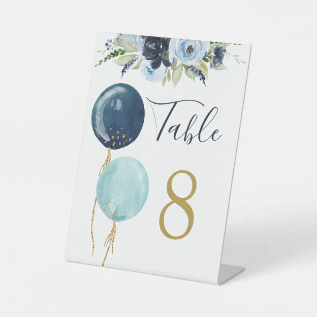 Blue Balloons Table number pedestal sign | Zazzle
