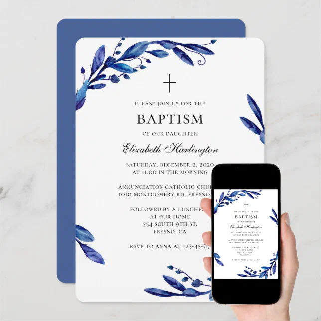 Blue baptism invitation. Watercolor botanical Invitation | Zazzle