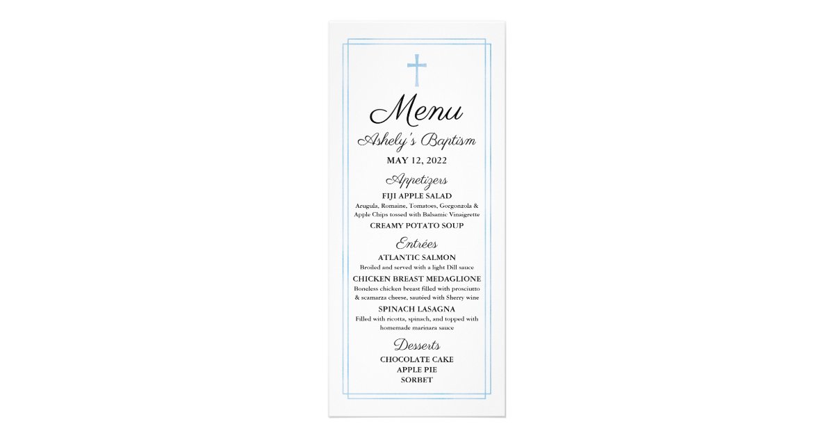 Blue Baptism Religious Menu Card | Zazzle