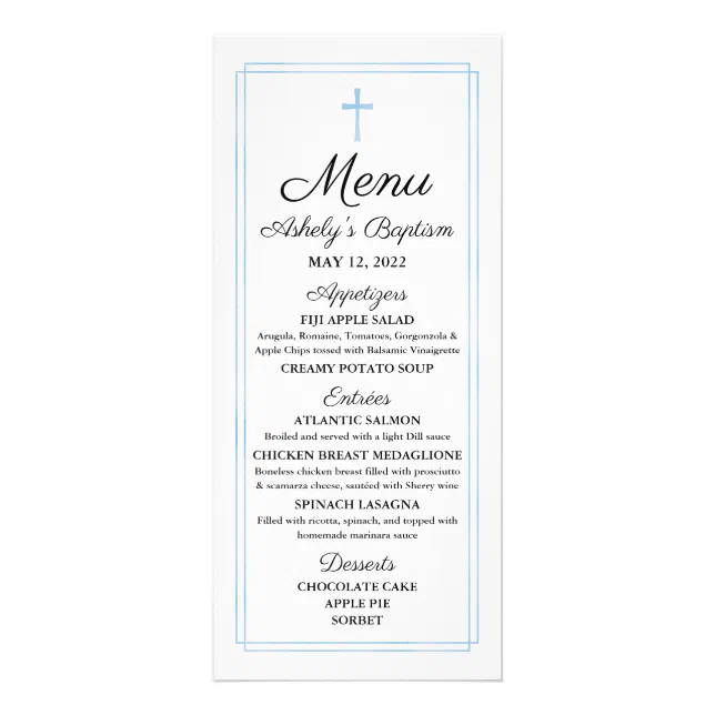 Blue Baptism Religious Menu Card | Zazzle