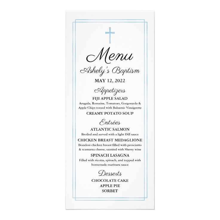 Blue Baptism Religious Menu Card | Zazzle