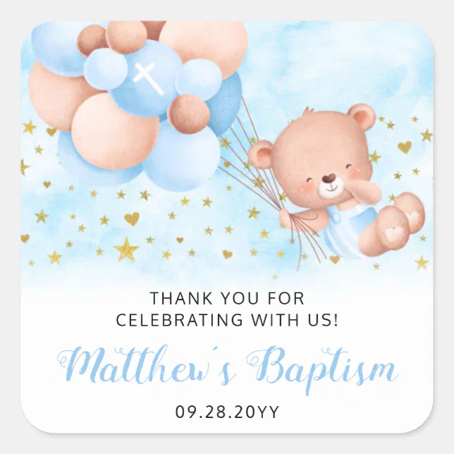 Blue Baptism Teddy Bear Thank You Baptism Favors S Square Sticker | Zazzle