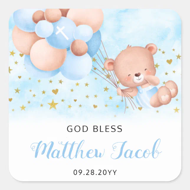 Blue Baptism Teddy Bear Thank You Baptism Favors Square Sticker | Zazzle