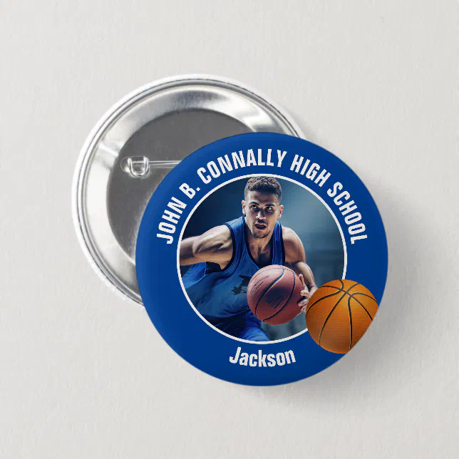 Blue Basketball Player Photo High School Spirit Button | Zazzle