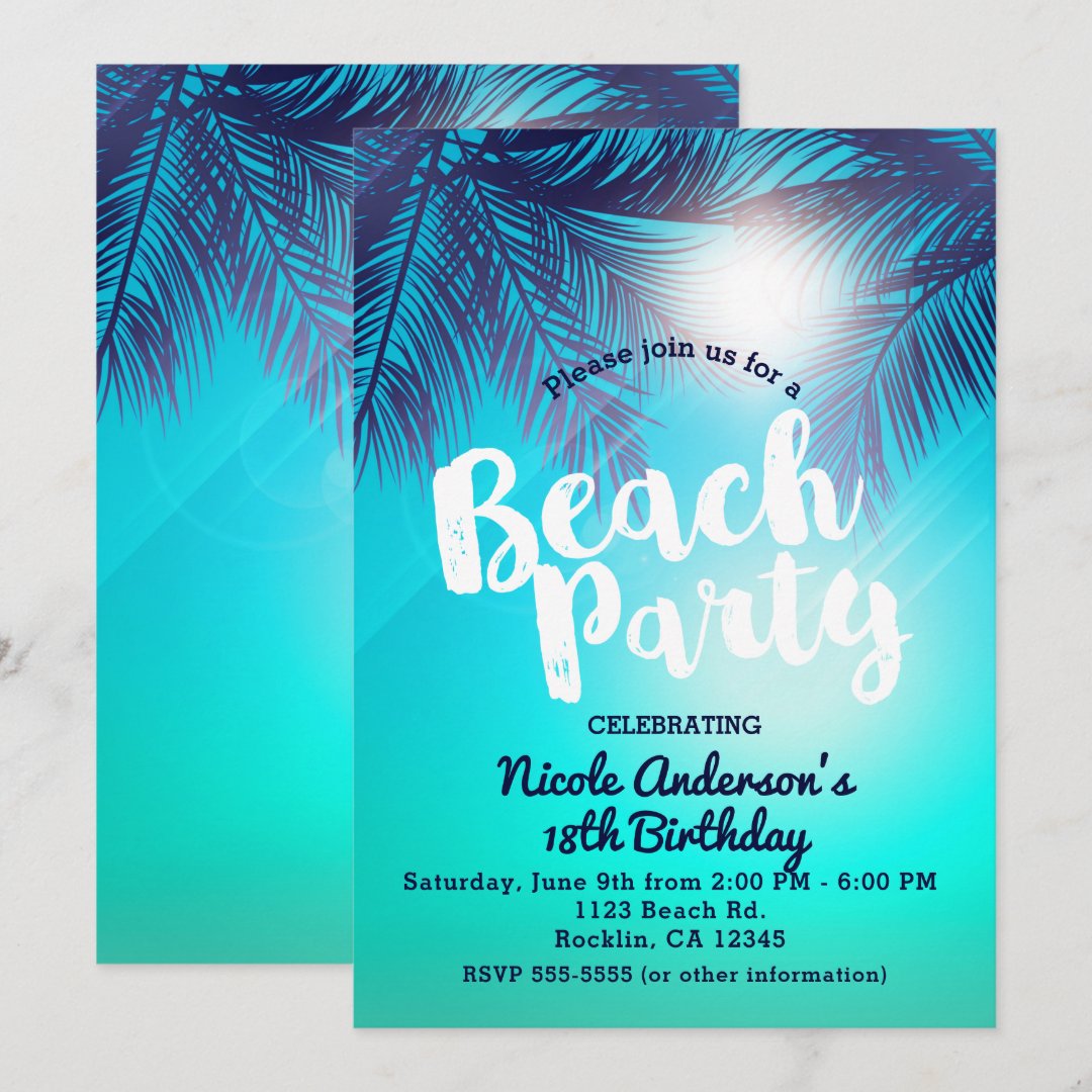 Blue BEACH PARTY Sunny Palm Trees Summer Birthday Invitation | Zazzle