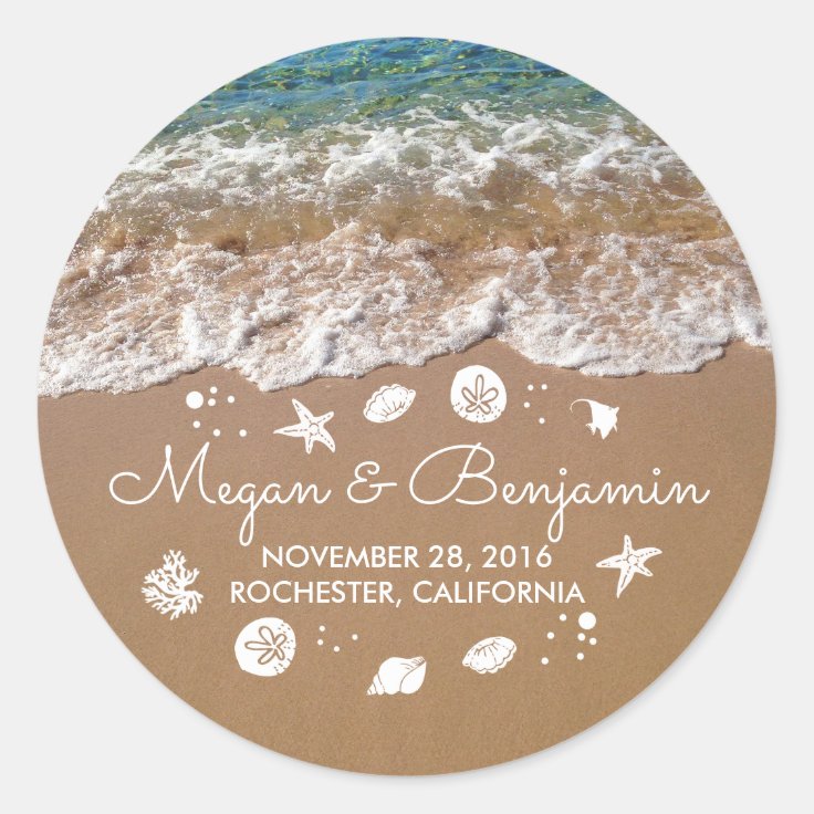 Blue Beach Waves and Sand Romantic Summer Wedding Classic Round Sticker ...