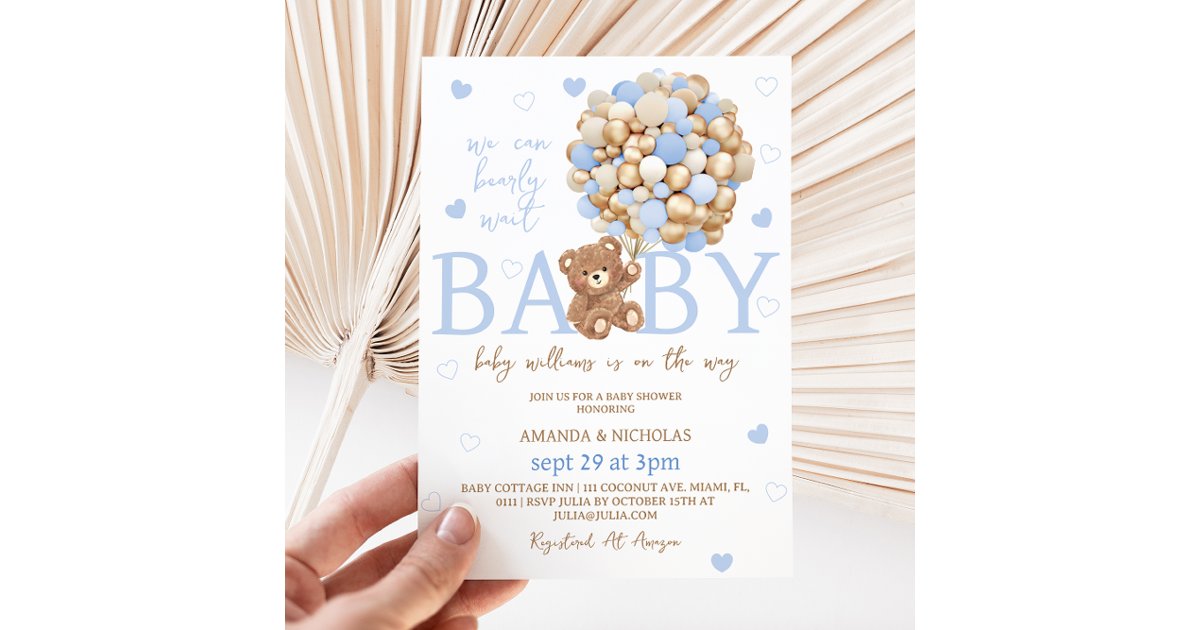 Blue Bear Balloon Baby Shower Invitation | Zazzle