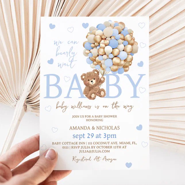 Blue Bear Balloon Baby Shower Invitation | Zazzle