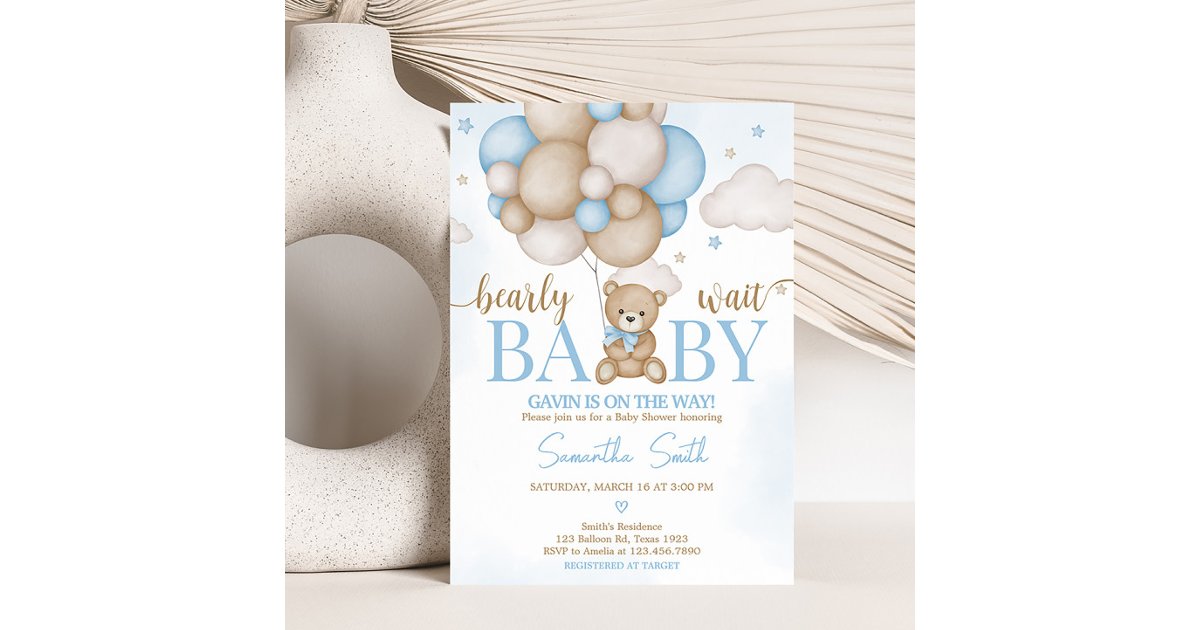 Blue Bear Balloon Baby Shower Invitation | Zazzle