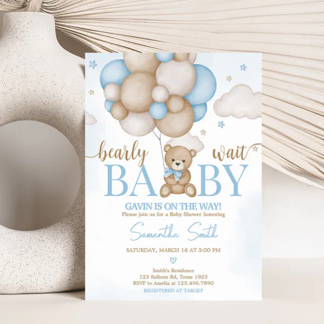 Blue Bear Balloon Baby Shower Invitation | Zazzle