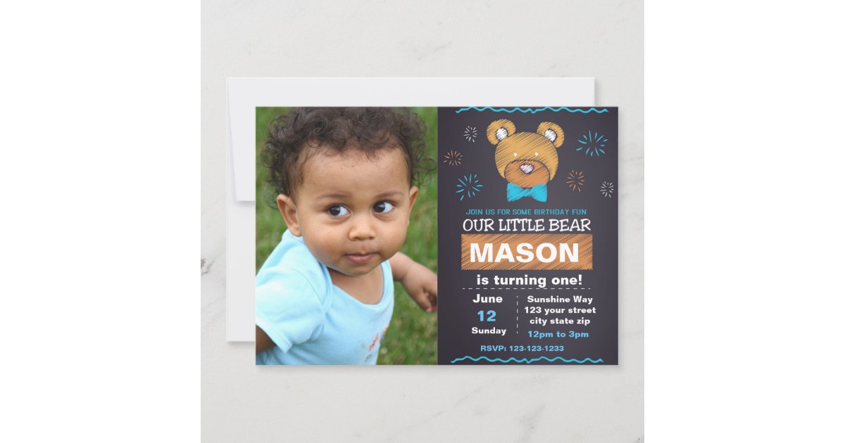 Blue Bear Birthday Invitation with photo | Zazzle
