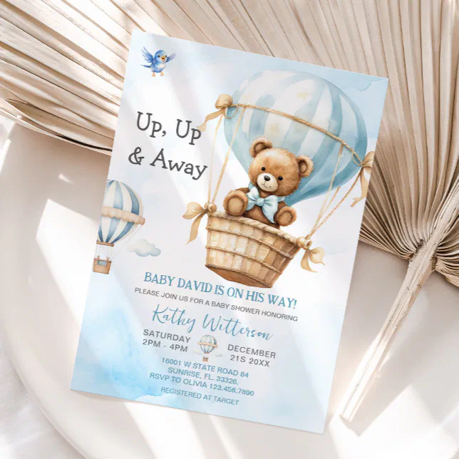 Blue Bear Hot Air Balloon Baby Shower Invitation | Zazzle