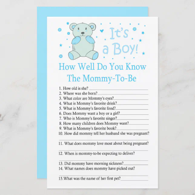 Blue bear How well do you know baby shower game | Zazzle