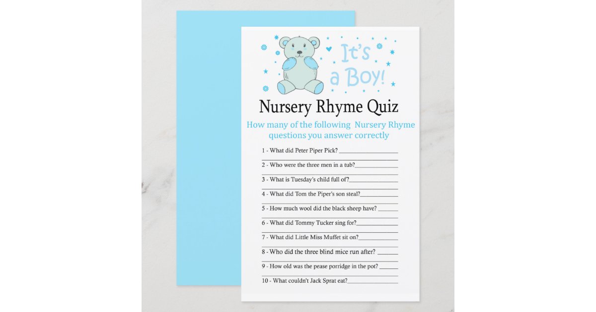 Blue bear Nursery Rhyme Quiz baby shower game | Zazzle