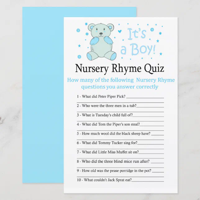 Blue bear Nursery Rhyme Quiz baby shower game | Zazzle
