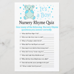 Blue bear Nursery Rhyme Quiz baby shower game | Zazzle