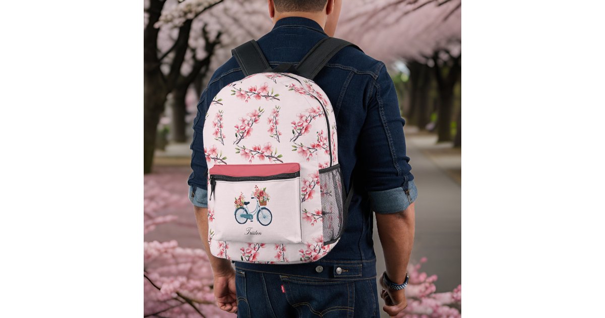 Blue Bicycle Pink Sakura Cherry Blossoms Monogram Printed Backpack | Zazzle