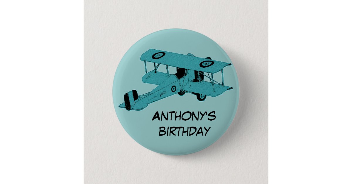 blue biplane birthday pin button | Zazzle