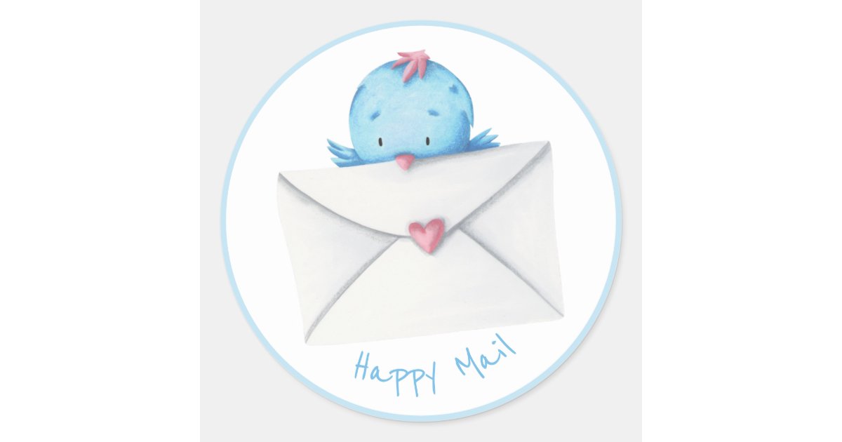 Blue Bird with Letter and Heart Happy Mail Classic Round Sticker | Zazzle