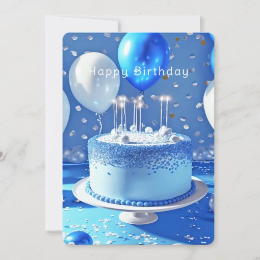 Blue Birthday Cake Pretty Balloons Confetti Card | Zazzle