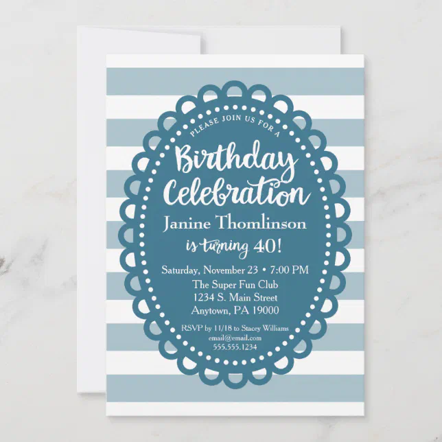 Blue Birthday Invitation Cute Wide Stripe Adult | Zazzle