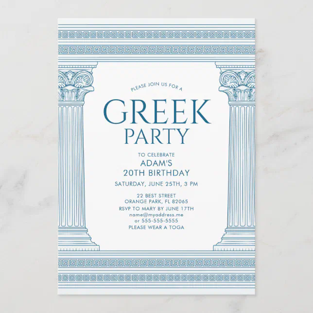 Blue Birthday Party Invitation with Greek temple | Zazzle