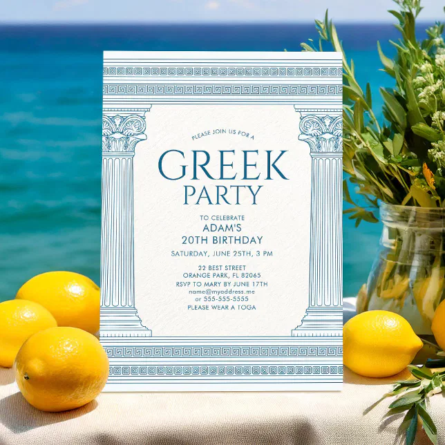Blue Birthday Party Invitation with Greek temple | Zazzle