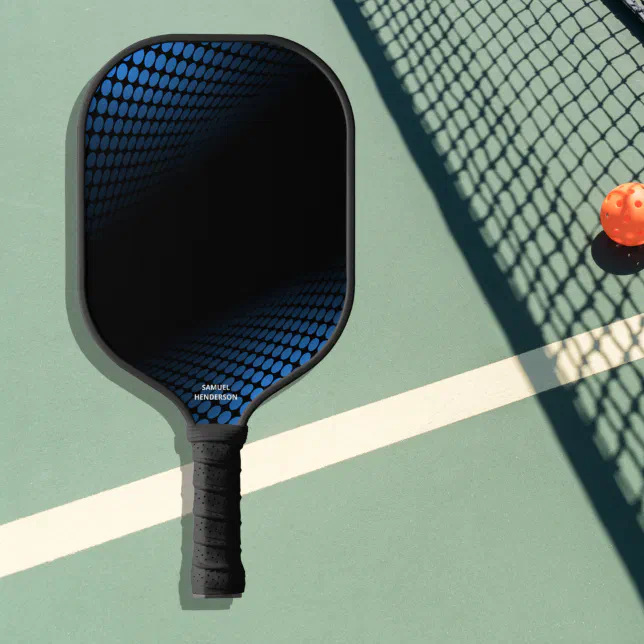 Blue Black Abstract Halftone Dots Custom Text Pickleball Paddle | Zazzle