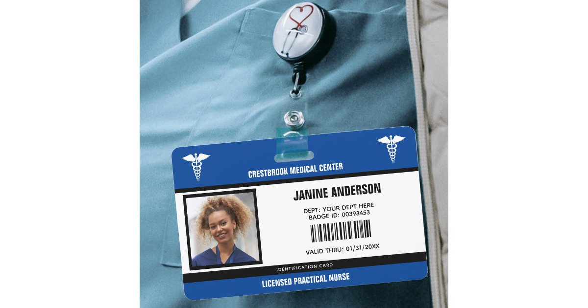 Blue & Black Medical Employee Doctor LPN Nurse ID Badge | Zazzle
