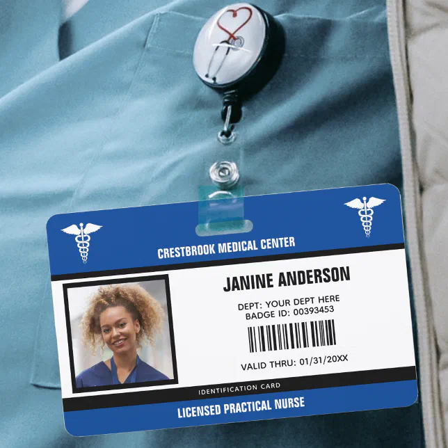 Blue & Black Medical Employee Doctor LPN Nurse ID Badge | Zazzle