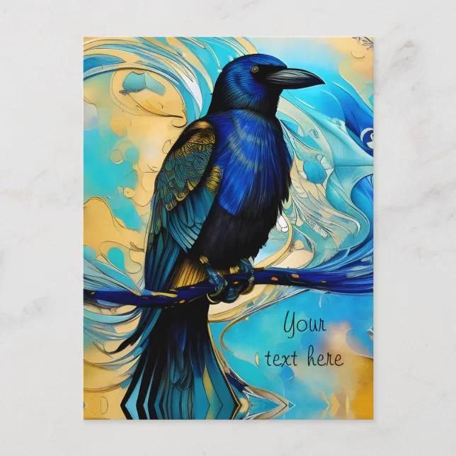 Blue Black Raven, blue and gold abstract Postcard | Zazzle