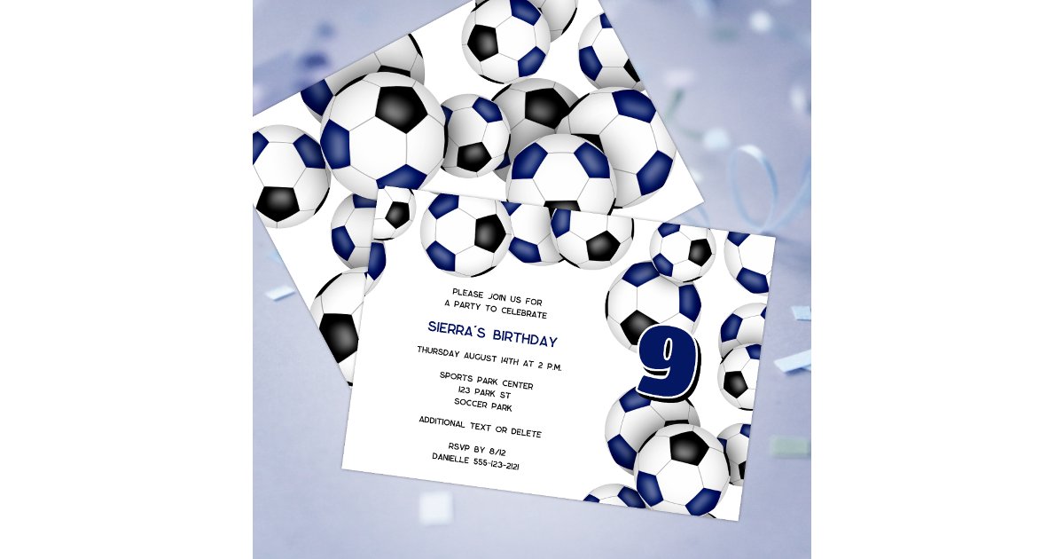 blue black soccer balls kids birthday party invitation | Zazzle