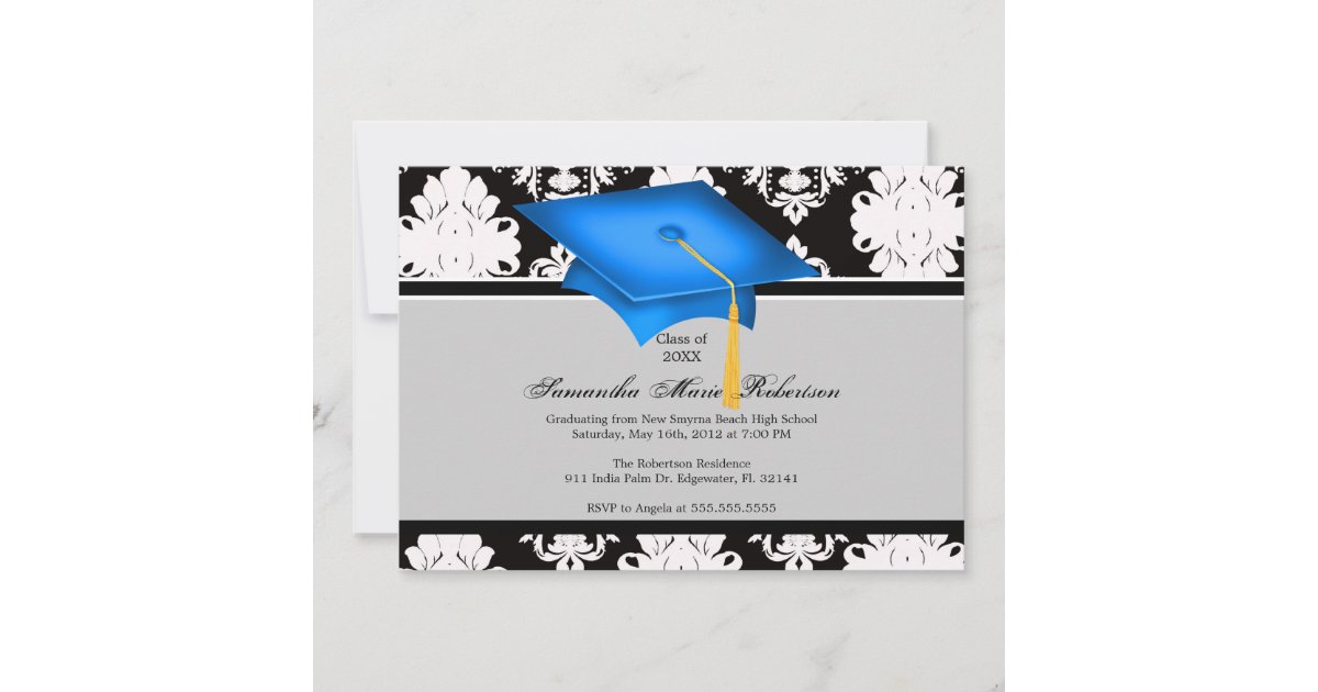 Blue, Black, White, Custom Graduation Invitation | Zazzle