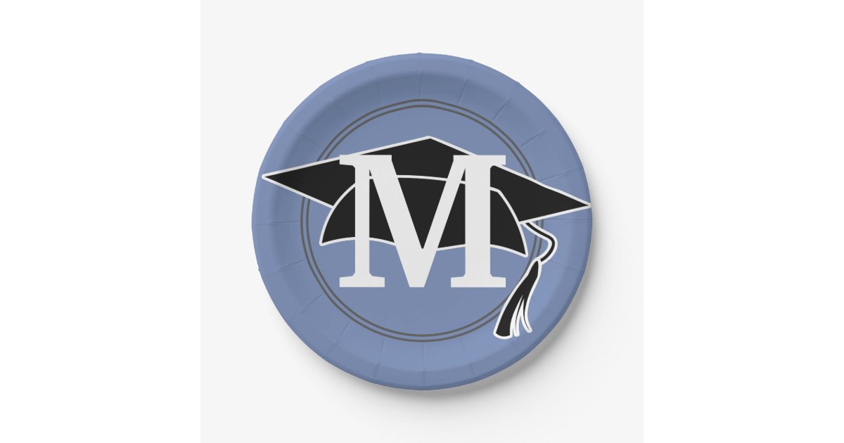 Blue Black White Graduation Cap Monogram Initial Paper Plates | Zazzle