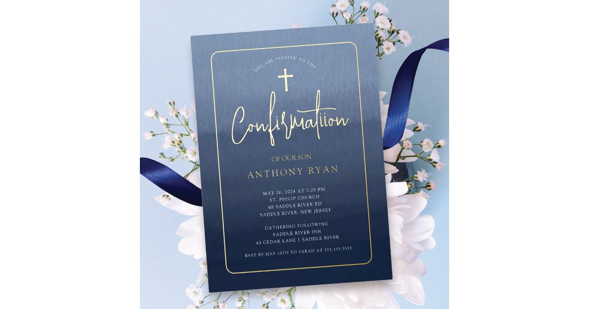 Blue Blessings Confirmation Invitation Foil Invitation | Zazzle