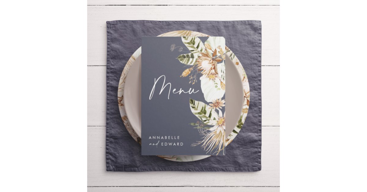 Blue bohemian botanical modern elegant foliage menu | Zazzle