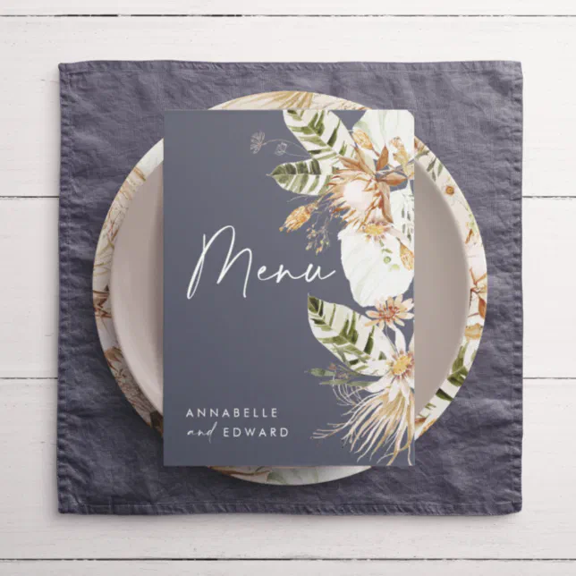 Blue bohemian botanical modern elegant foliage menu | Zazzle