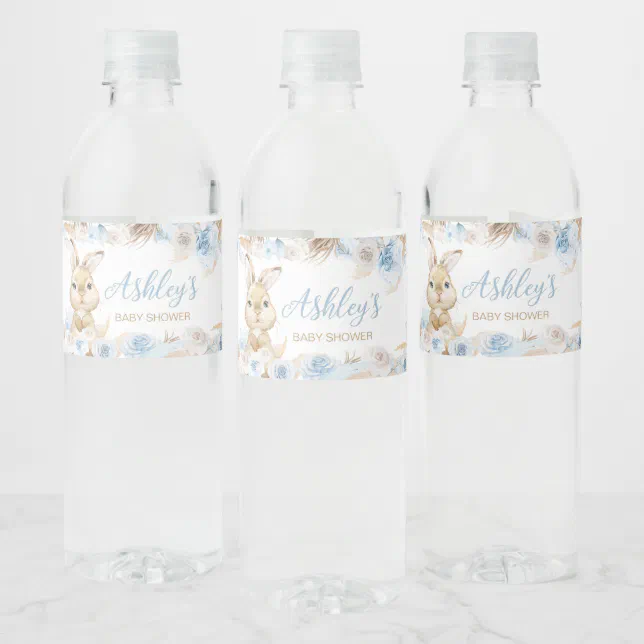 Blue Boho Bunny Baby Shower Water Bottle Label | Zazzle