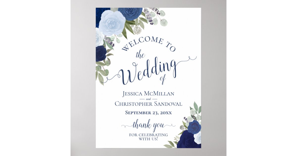 Blue Boho Chic Watercolor Roses Wedding Welcome Poster | Zazzle