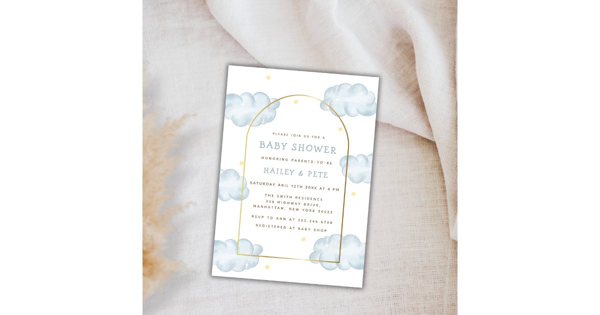 Blue Boho Moon Star Cloud Arch Boy Baby Shower Invitation | Zazzle