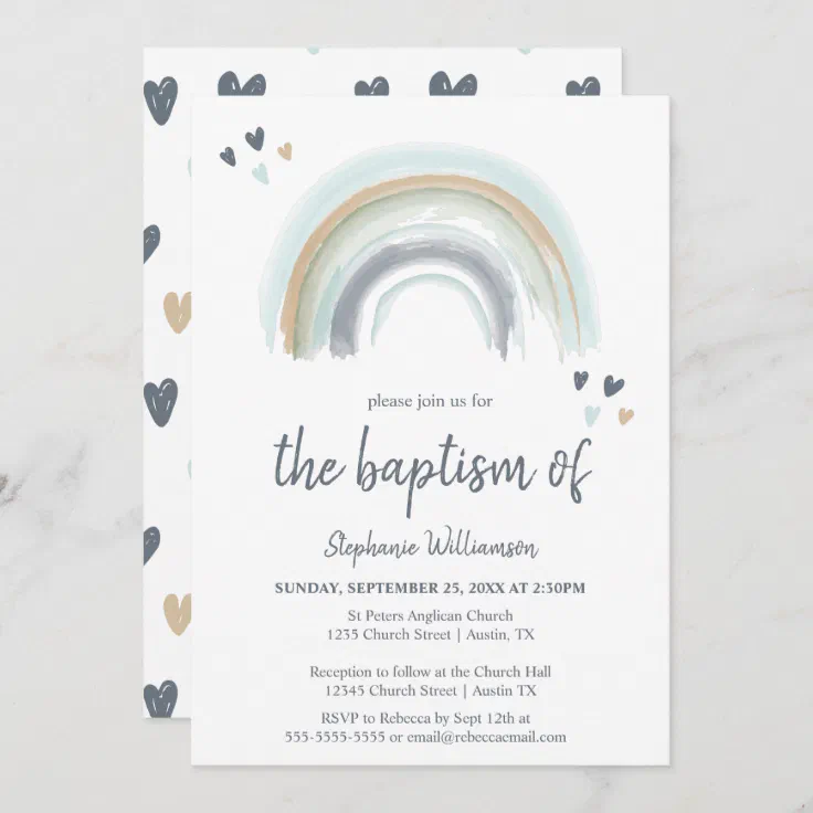 Blue Boho Rainbow Baptism Invitation | Zazzle