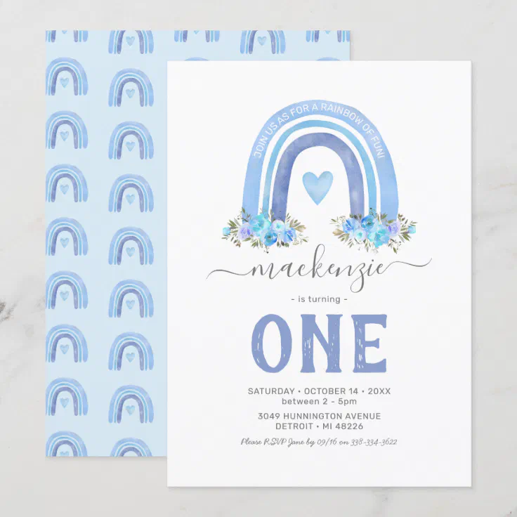 Blue Boho Rainbow Boy First Birthday Invitation | Zazzle