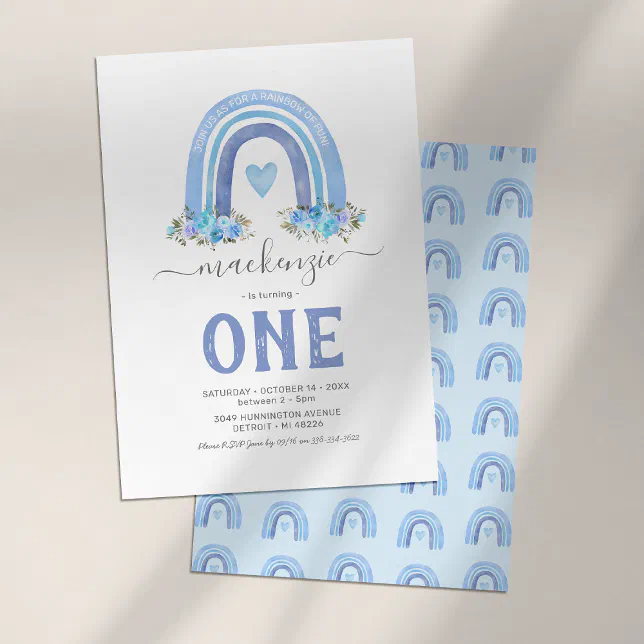 Blue Boho Rainbow Boy First Birthday Invitation | Zazzle