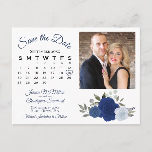 Blue Boho Roses Photo & Calendar Save the Date Announcement Postcard ...