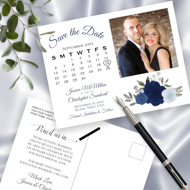 Blue Boho Roses Photo & Calendar Save the Date Announcement Postcard ...